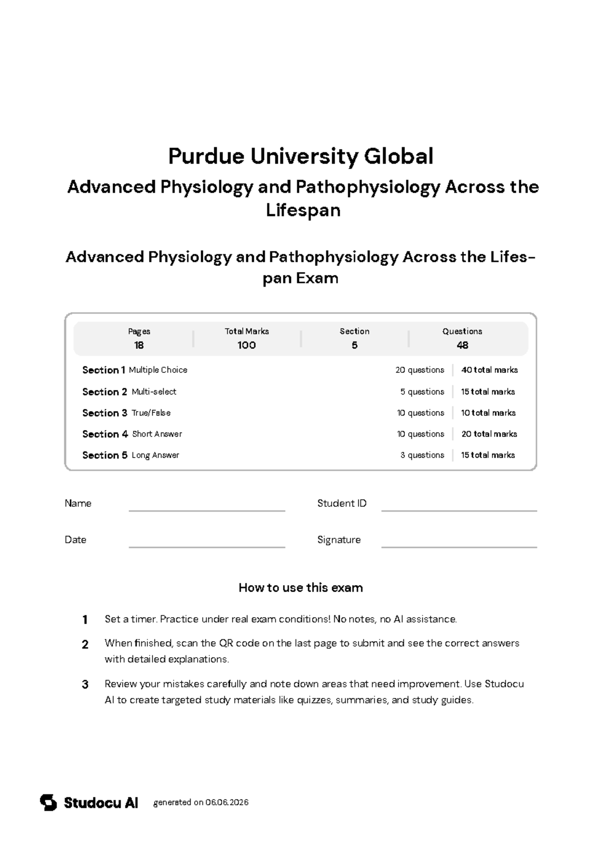 Advanced Physiology and Pathophysiology Exam - Studocu