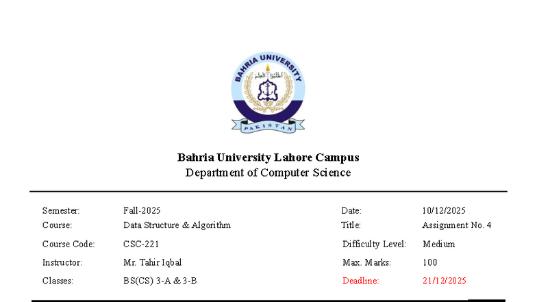BSCS DSA Assignment No. 4: Data Structures & Algorithms Tasks - Studocu