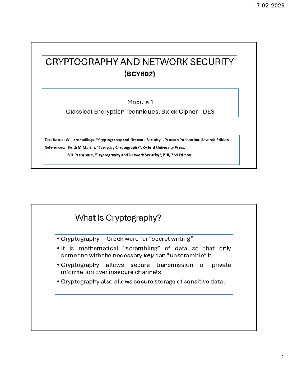 CNS (BCY602) Module 1: Classical Encryption Techniques Overview - Studocu