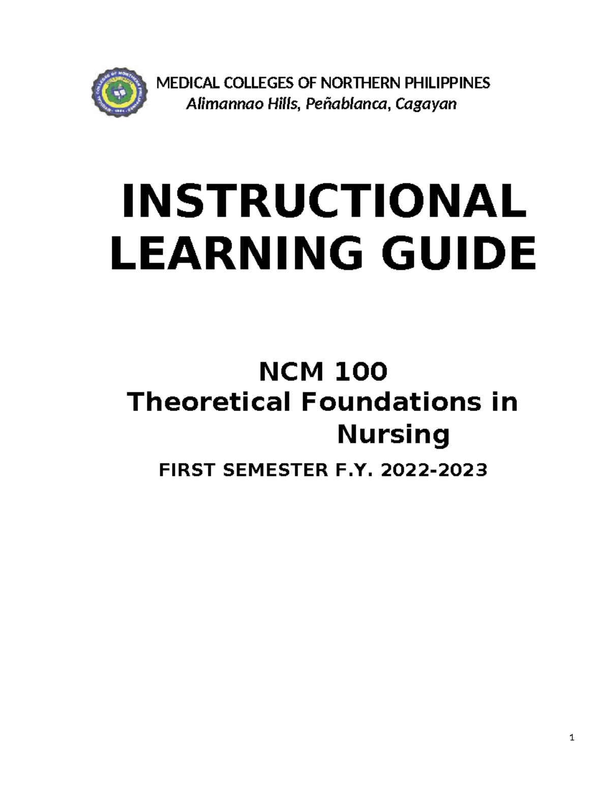 NCM 100: Theoretical Foundations in Nursing - Instructional Guide - Studocu