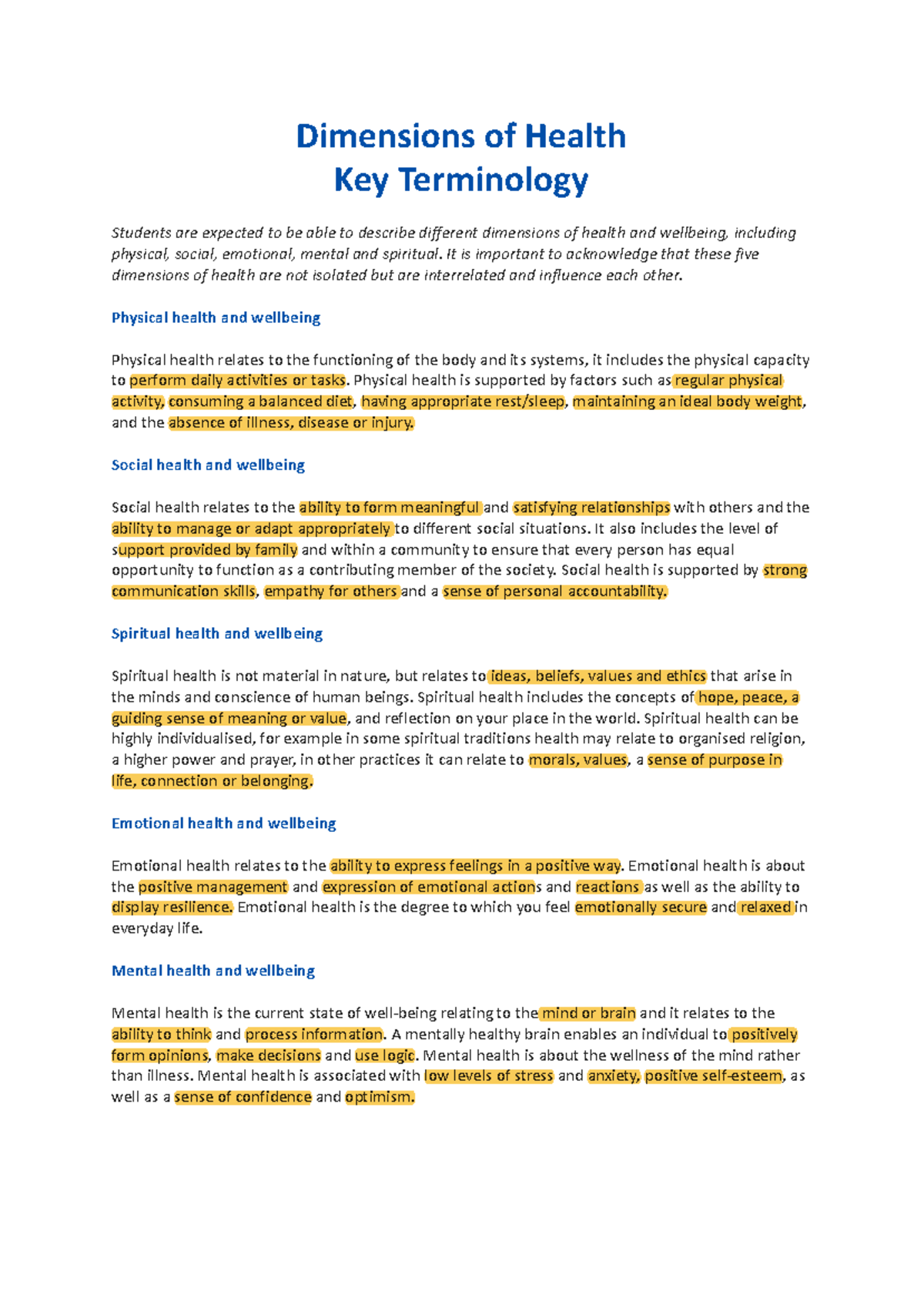 Dimensions of Health: Key Terminology Overview for Students - Studocu