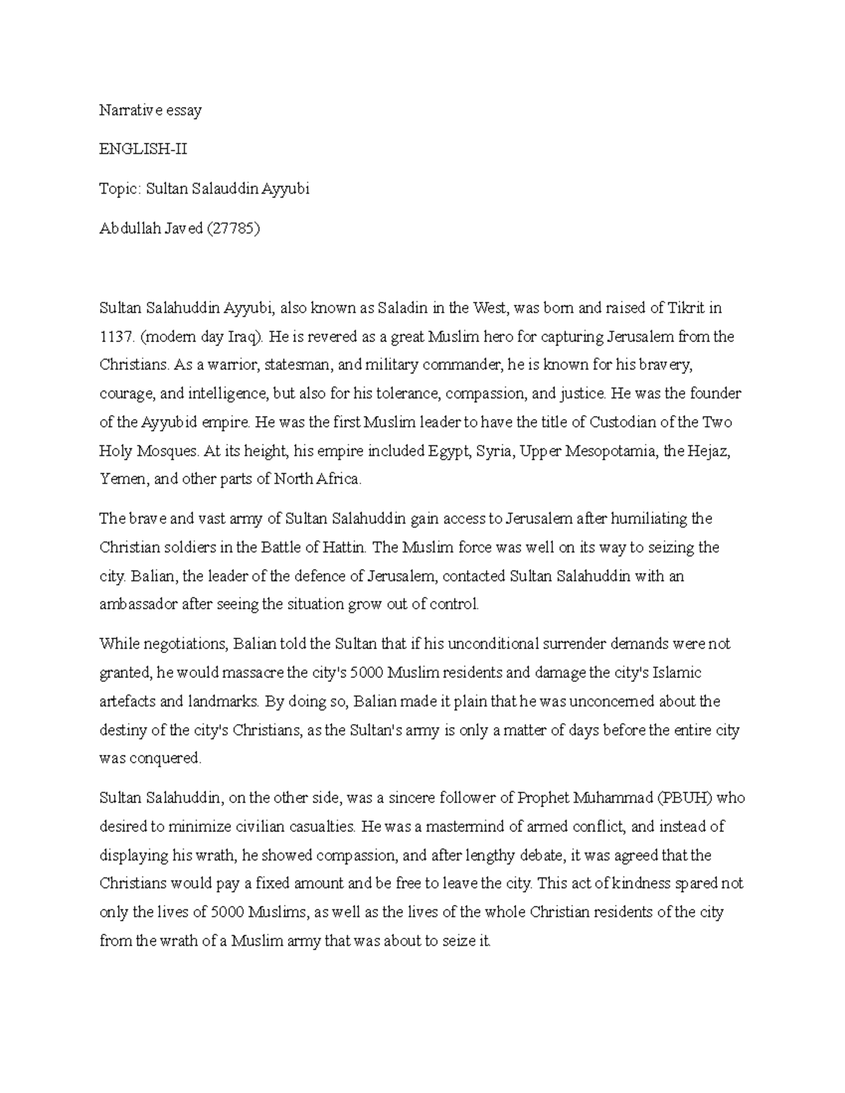 Narrative Essay on Sultan Salahuddin Ayyubi (ENG-II) - Studocu