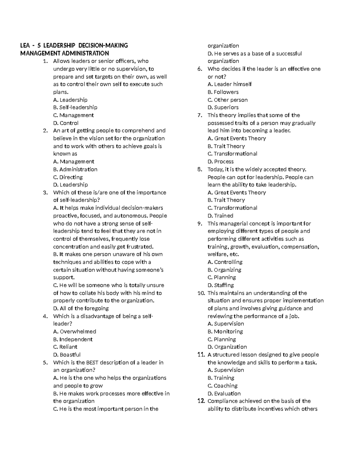LEA 5 - Leadership Management Administration Study Guide - Studocu