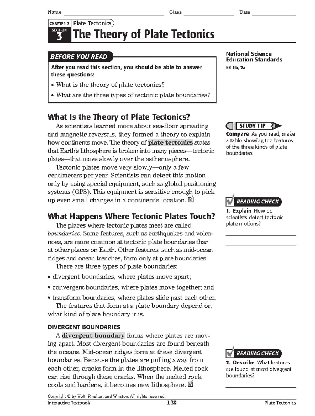 CH. 7.3 Reading Notes - Theory of Plate Tectonics Overview - Studocu