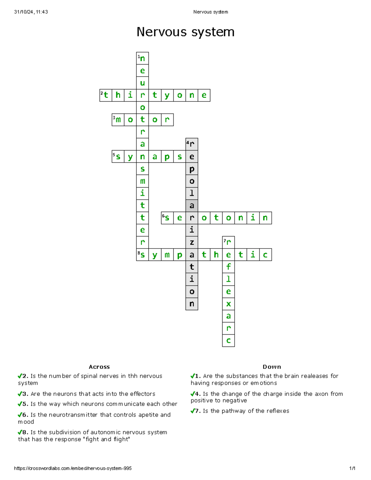 Nervous system - Nervous system Across 2. Is the number of spinal ...
