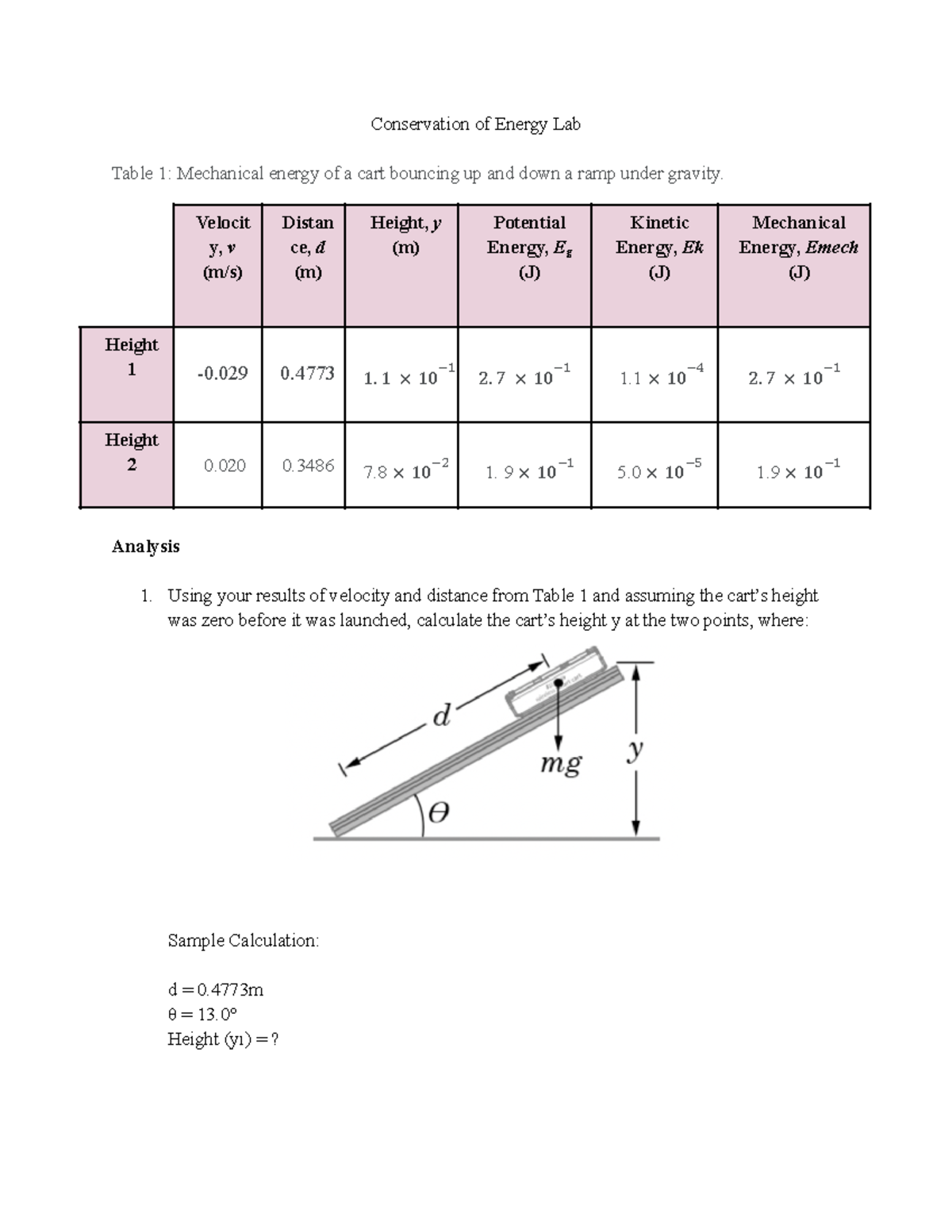 Conservation of Energy Lab (PHYS 101): Analysis of Mechanical Energy - Studocu