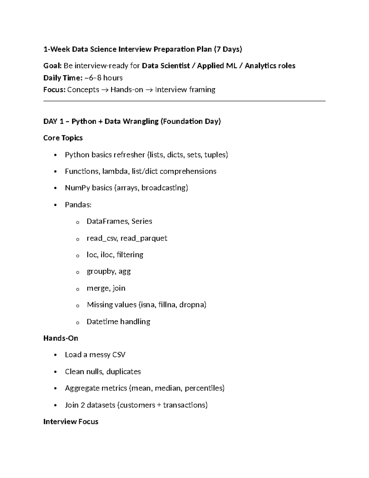 Data Science Interview Prep Plan (7 Days) for ML Roles - Studocu