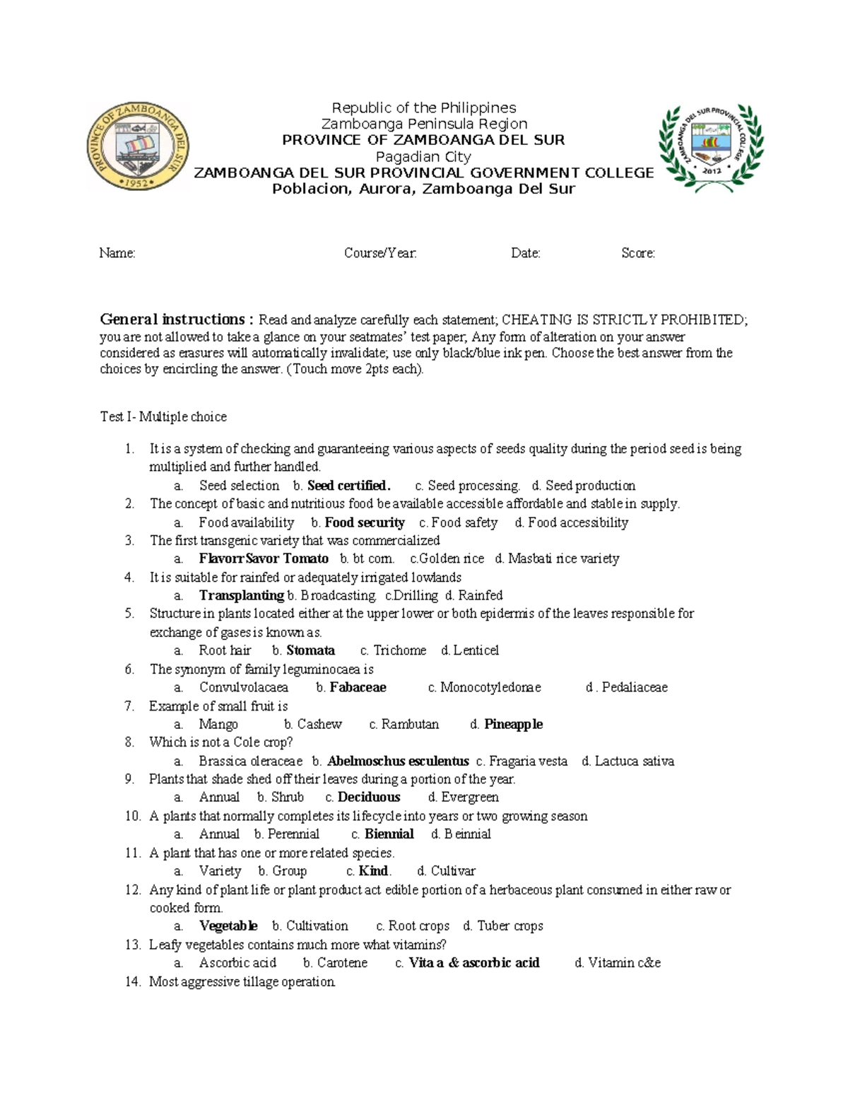 1ST YEAR EXAM Prilem - For additional information - Republic of the ...