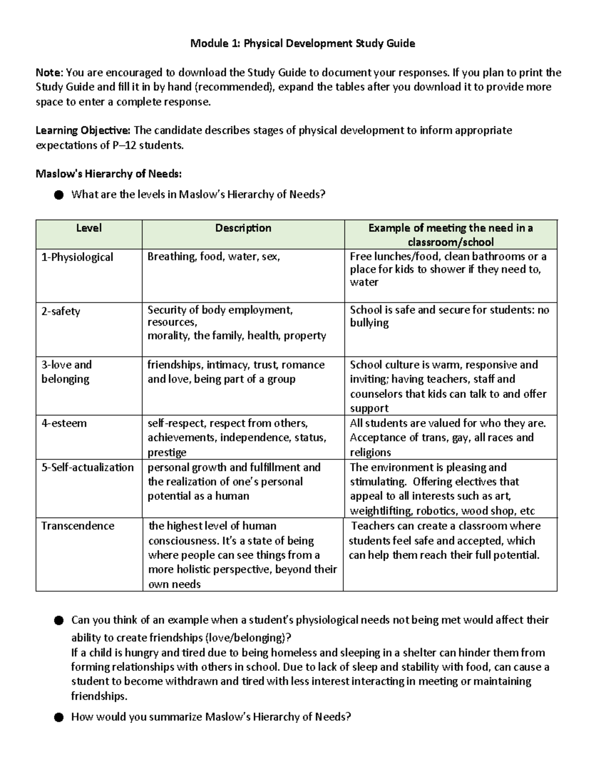 Module 1: Physical Development & Maslow’s Hierarchy Study Guide ...
