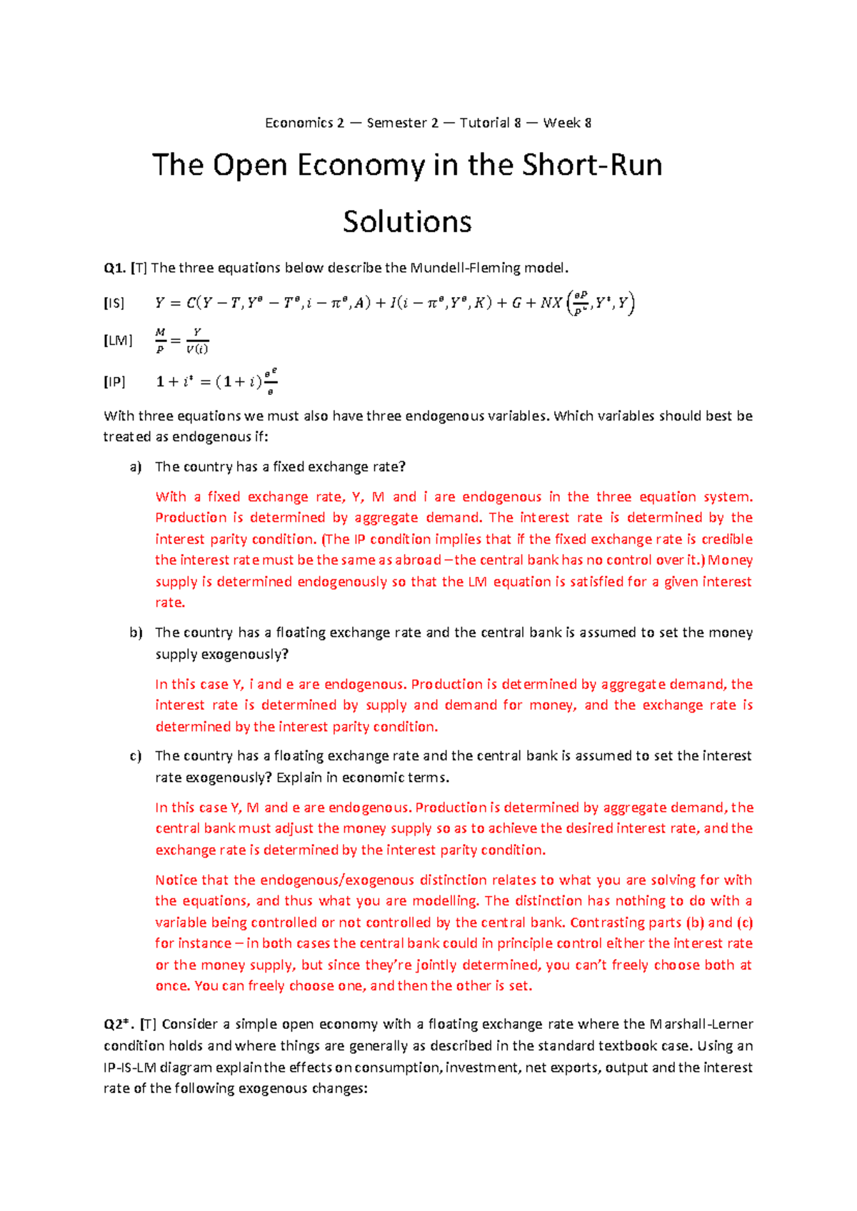 Econ 2, Tutorial 8 Solutions - Economics 2 — Semester 2 — Tutorial 8 ...