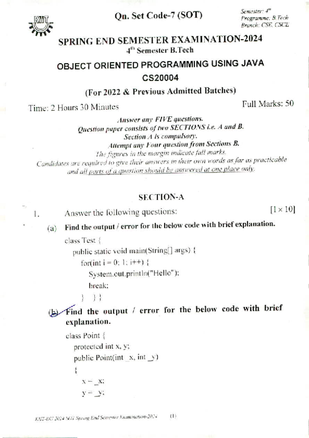 B.Tech CSE 2024 SOT Spring End Semester: Object-Oriented Programming Qn ...
