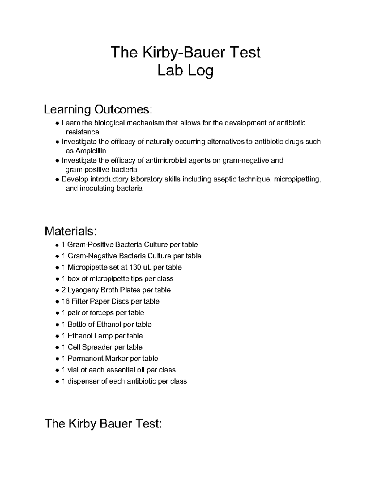 The Kirby Bauer Test Revised - The Kirby-Bauer Test Lab Log Learning ...