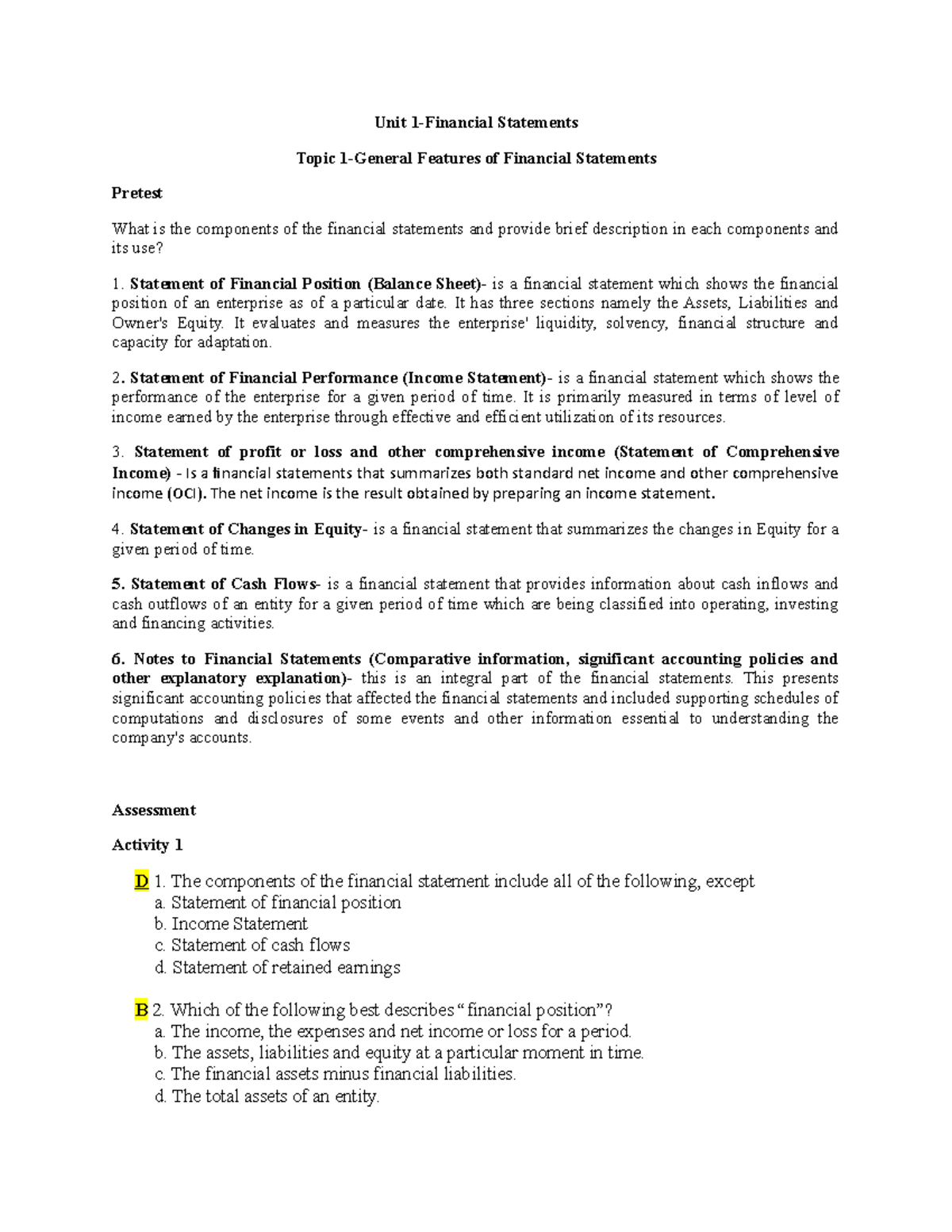 Unit1 General Features of Financial Statements - Unit 1-Financial ...