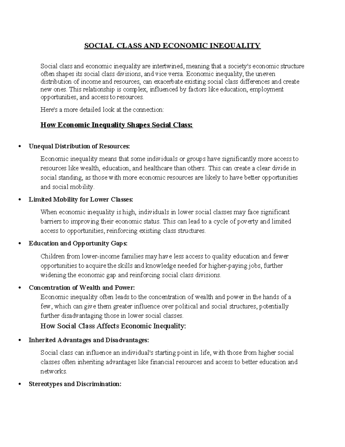 SOC 101: Social Class and Economic Inequality Overview - Studocu