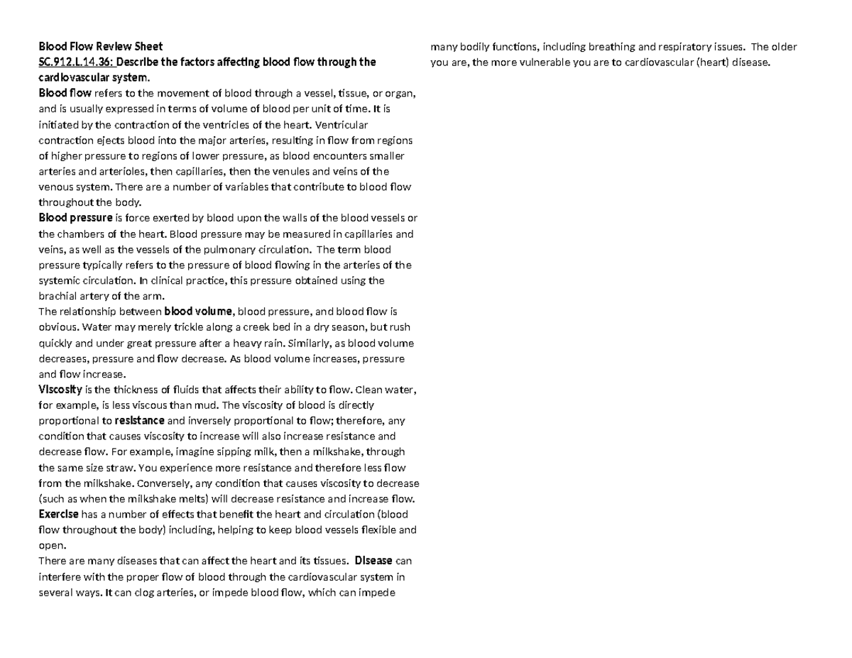 SC.912.L.14.36: Blood Flow Factors and Cardiovascular Health Review ...