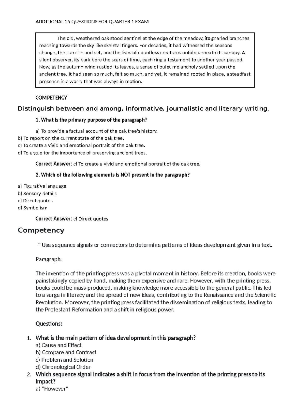 Additional 15 Questions for Q1 Exam on Writing Competencies - Studocu