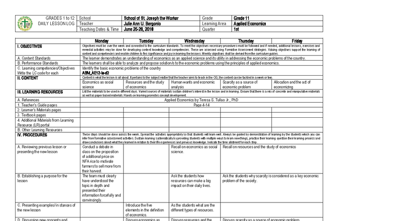 DLL Week 2: Applied Economics Lesson Plan (Grade 11) - Studocu