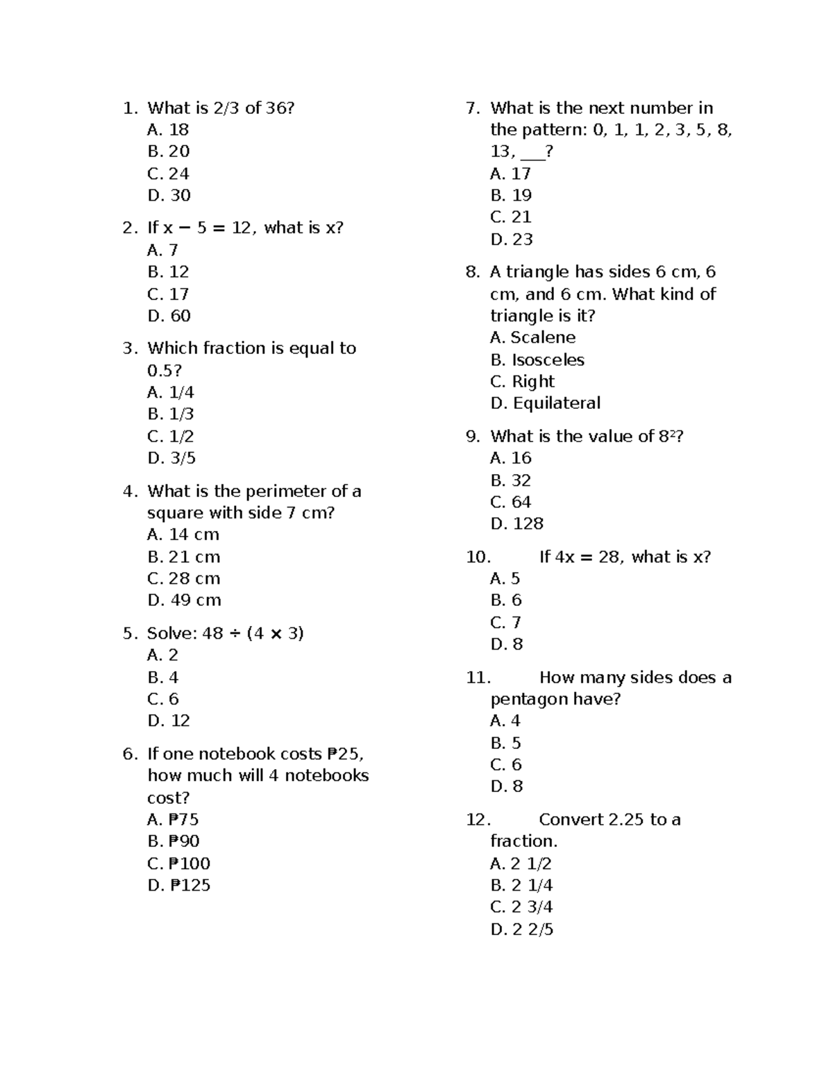 Practice Test 2: Math Questions and Answers - Studocu
