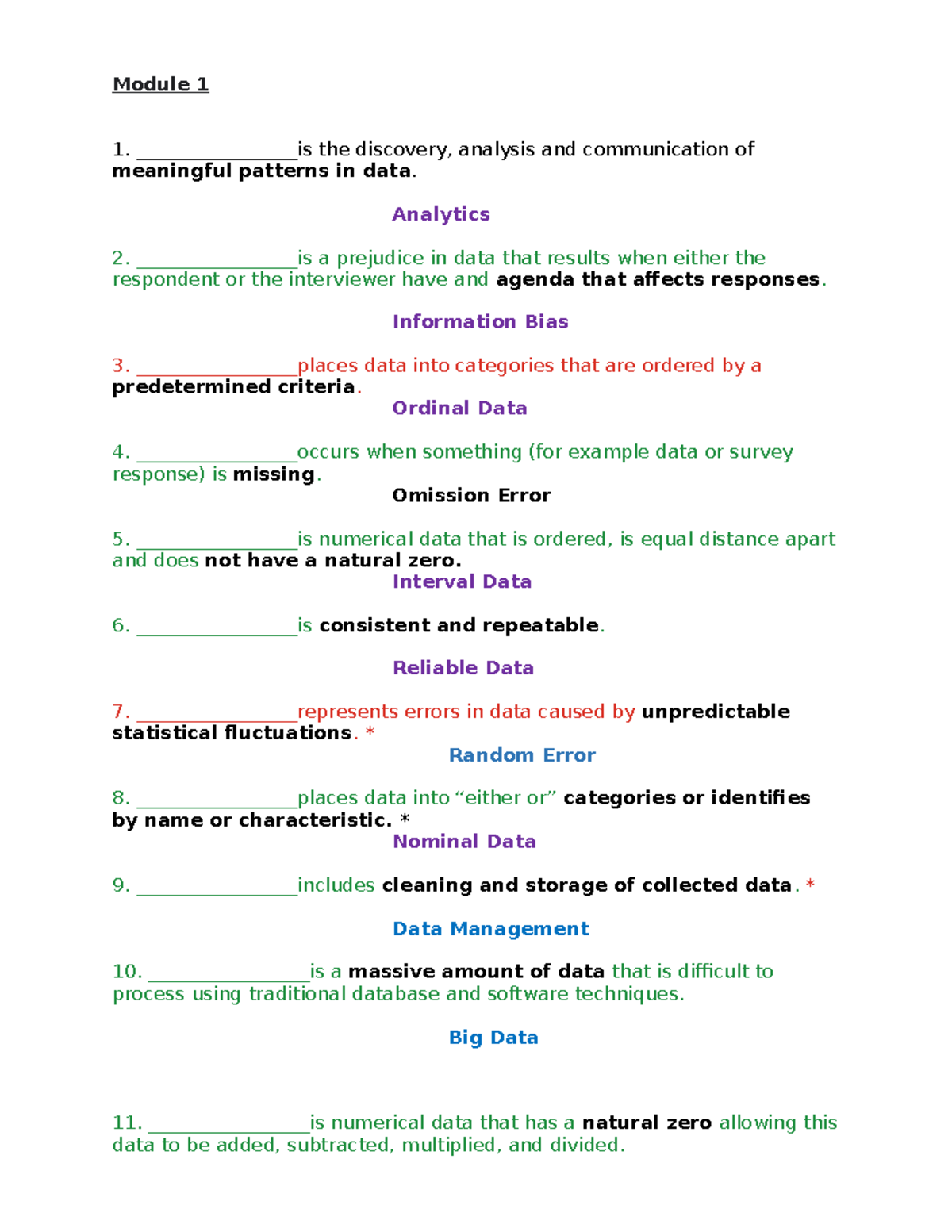 Module 1-6 Practice Questions for Data Analysis and Statistics - Studocu