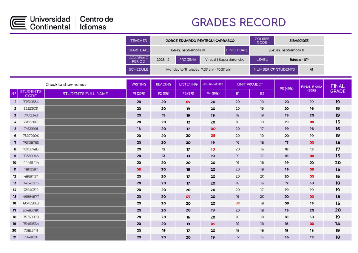 Notas Finales - GRADES RECORD 2025 - Writing Program - Studocu