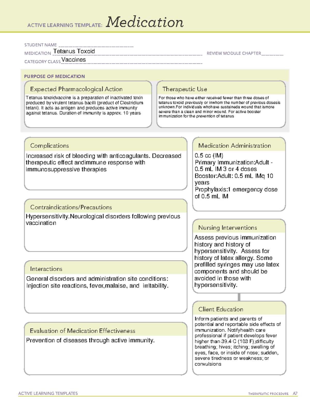 Tetanus Medication Admin Template: Active Learning Tool - Studocu