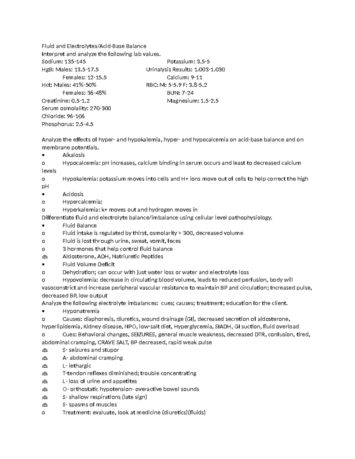 Fluid and Electrolytes Study Guide: Lab Values and Imbalances Analysis ...