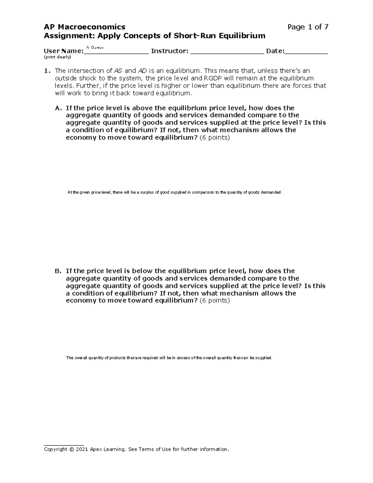 AP Macroeconomics Assignment: Equilibrium Concepts and Government ...