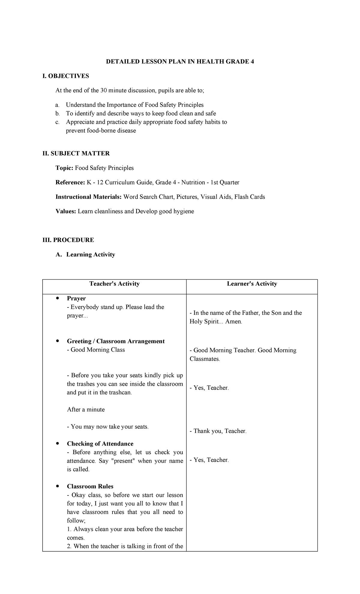 Detailed Lesson Plan: Food Safety Principles for Health Grade 4 - Studocu