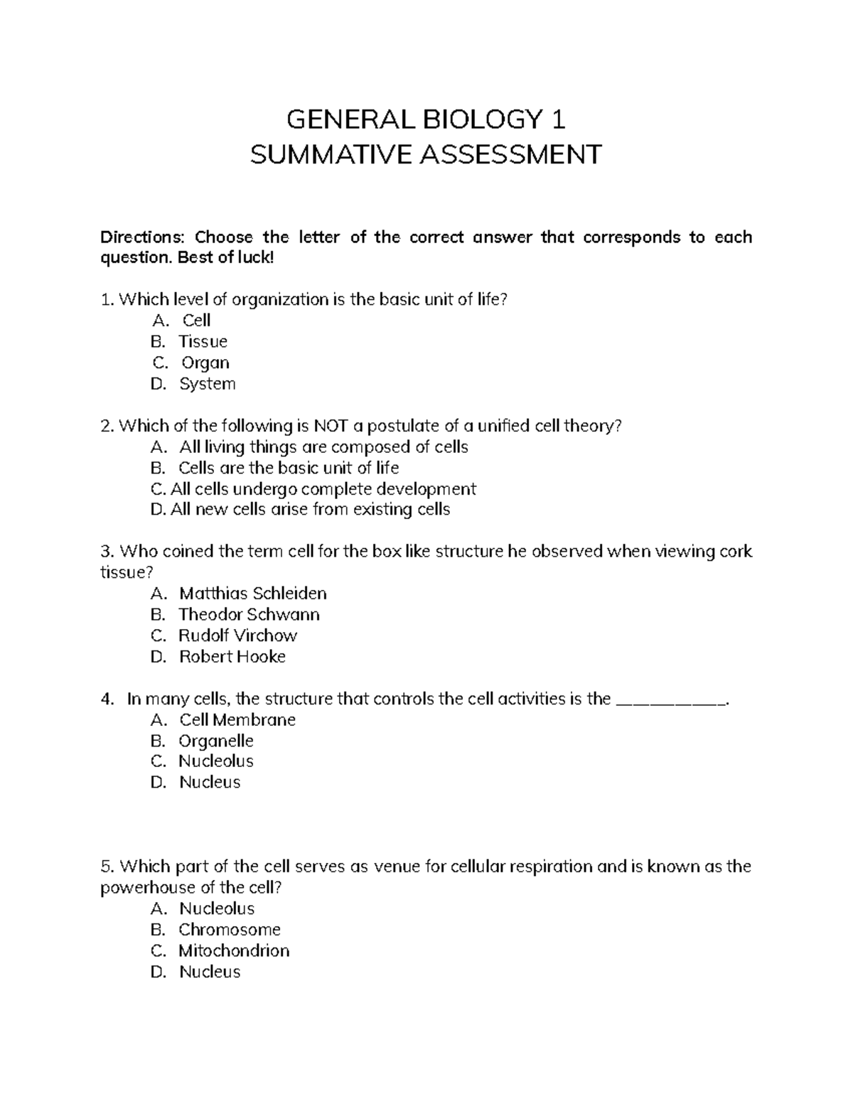 Genbio 1 Summative Assessment Questions and Answers - Studocu
