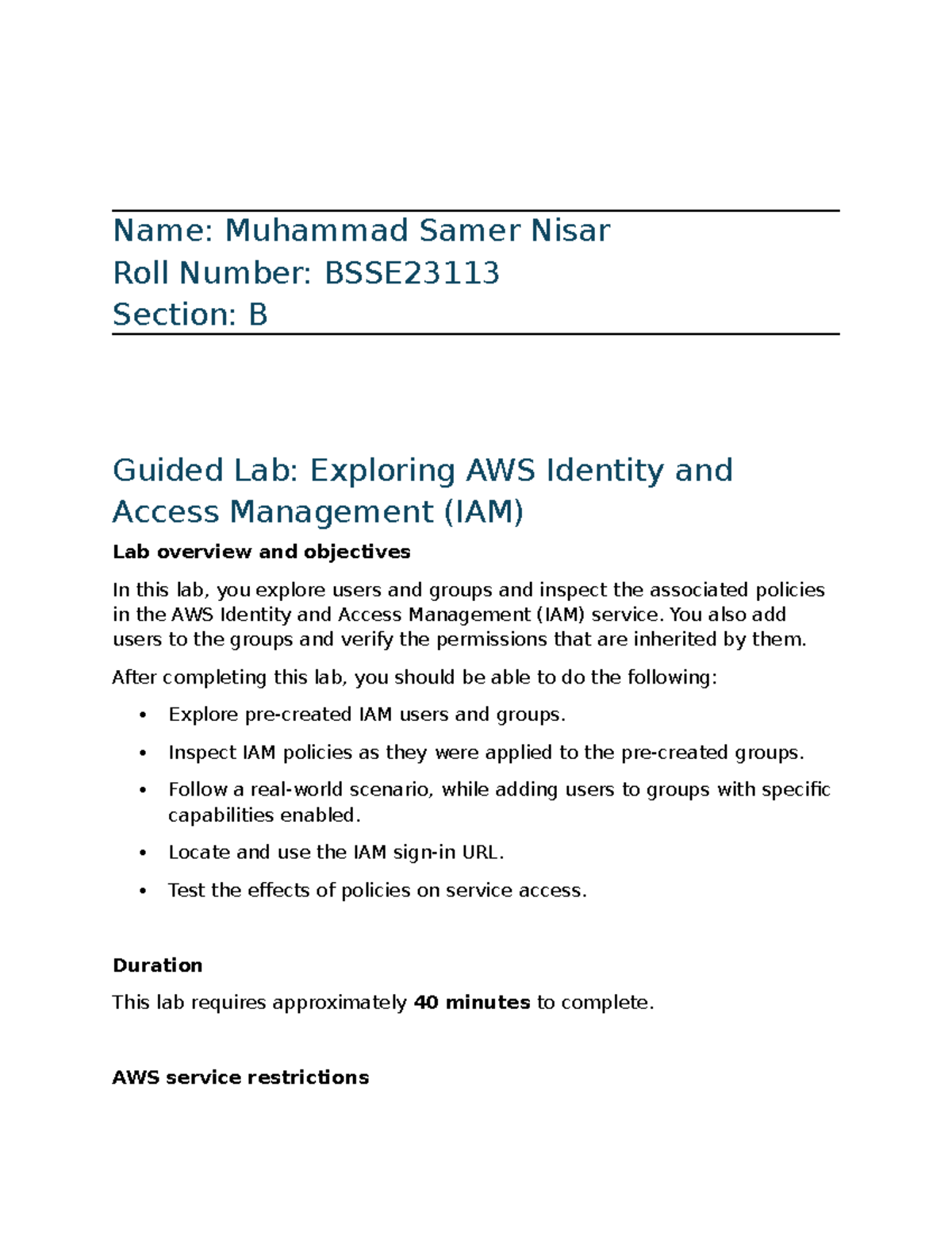 Guided Lab: Exploring AWS IAM - BSSE23113 Section B - Studocu