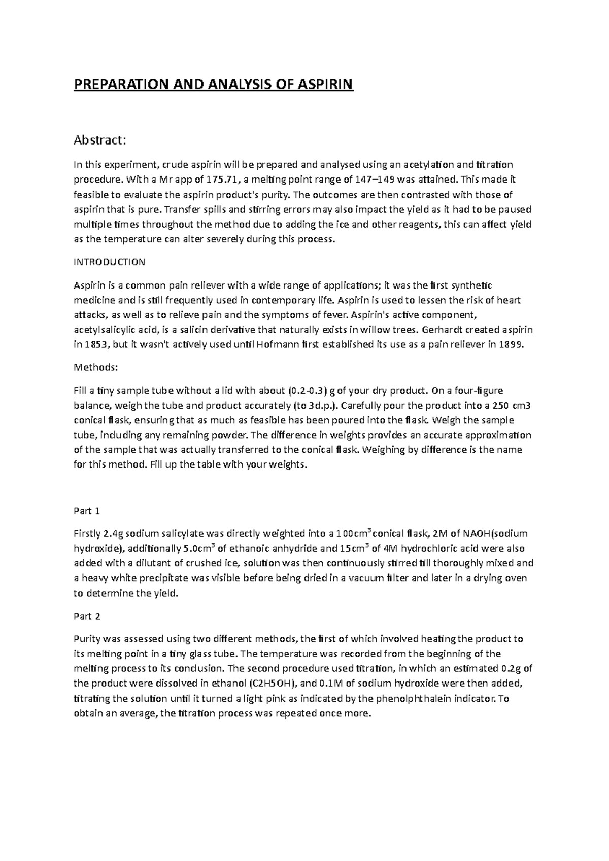 Aspirin Lab Reports 2-5 Resit: Preparation and Analysis Techniques - Studocu