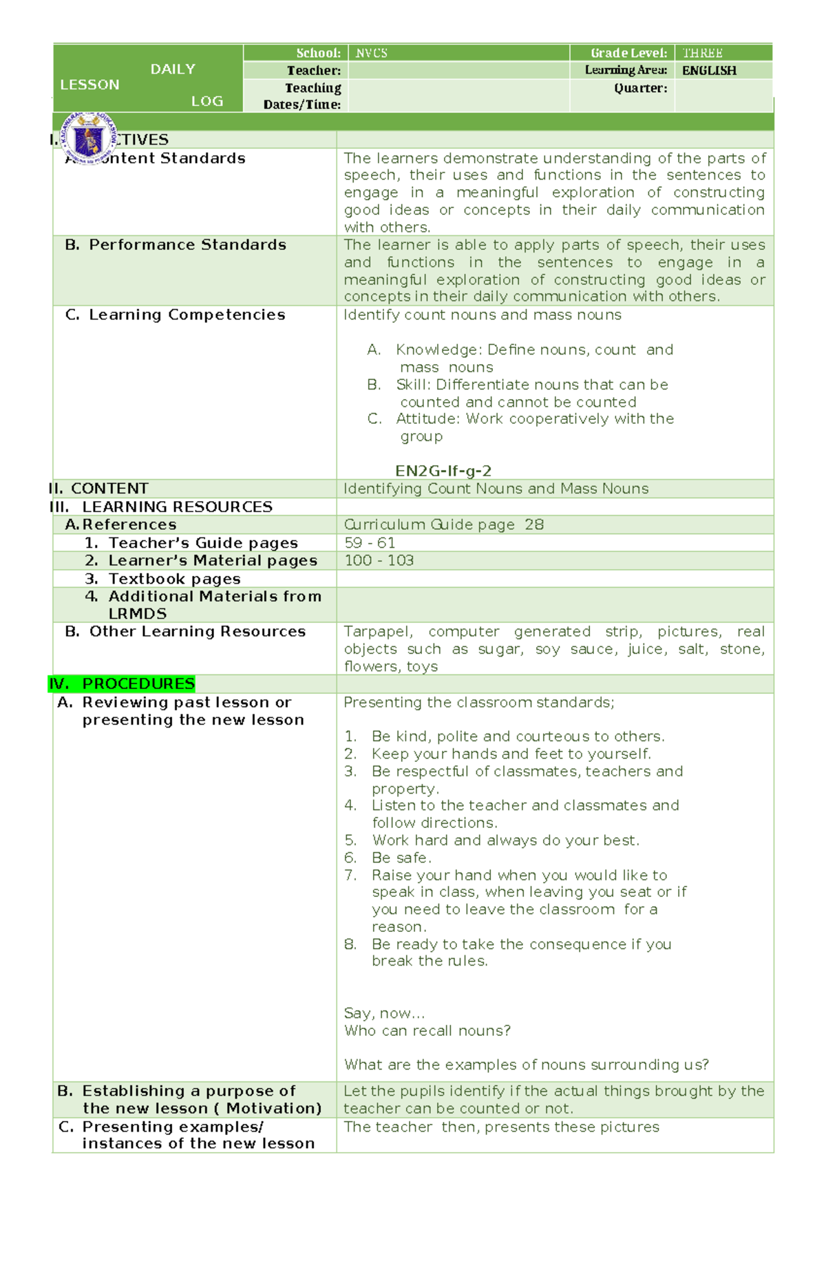 English-COT - lesson plan - I. OBJECTIVES A. Content Standards The ...