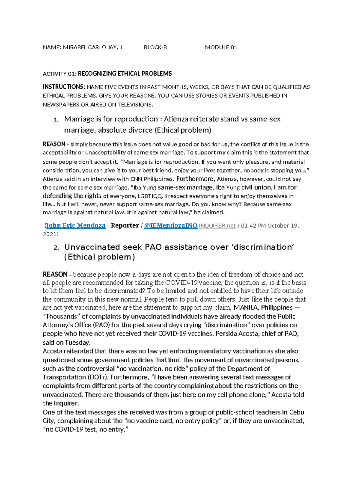 Ethics Answer Module 01: Recognizing Ethical Problems - Studocu