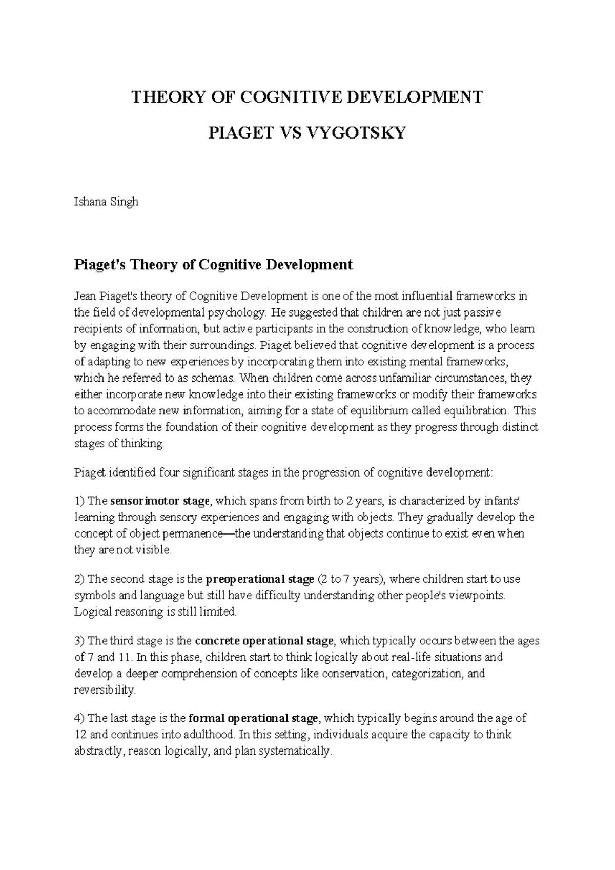 Cognitive Development Theories: Piaget vs. Vygotsky Analysis - Studocu