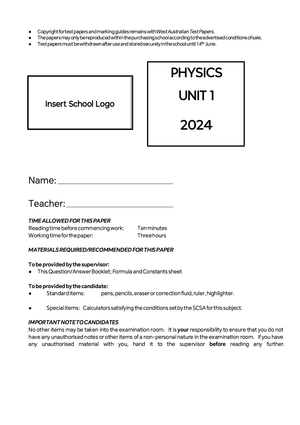 Physics Unit 1 Final Exam Paper: Structure and Instructions - Studocu