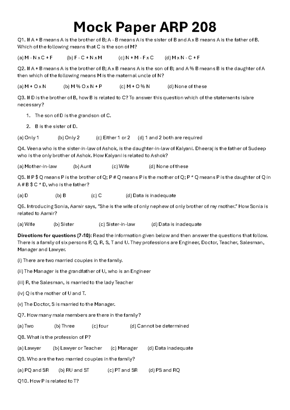 Mock Paper ARP 208 - Logical Reasoning & Family Relations - Studocu