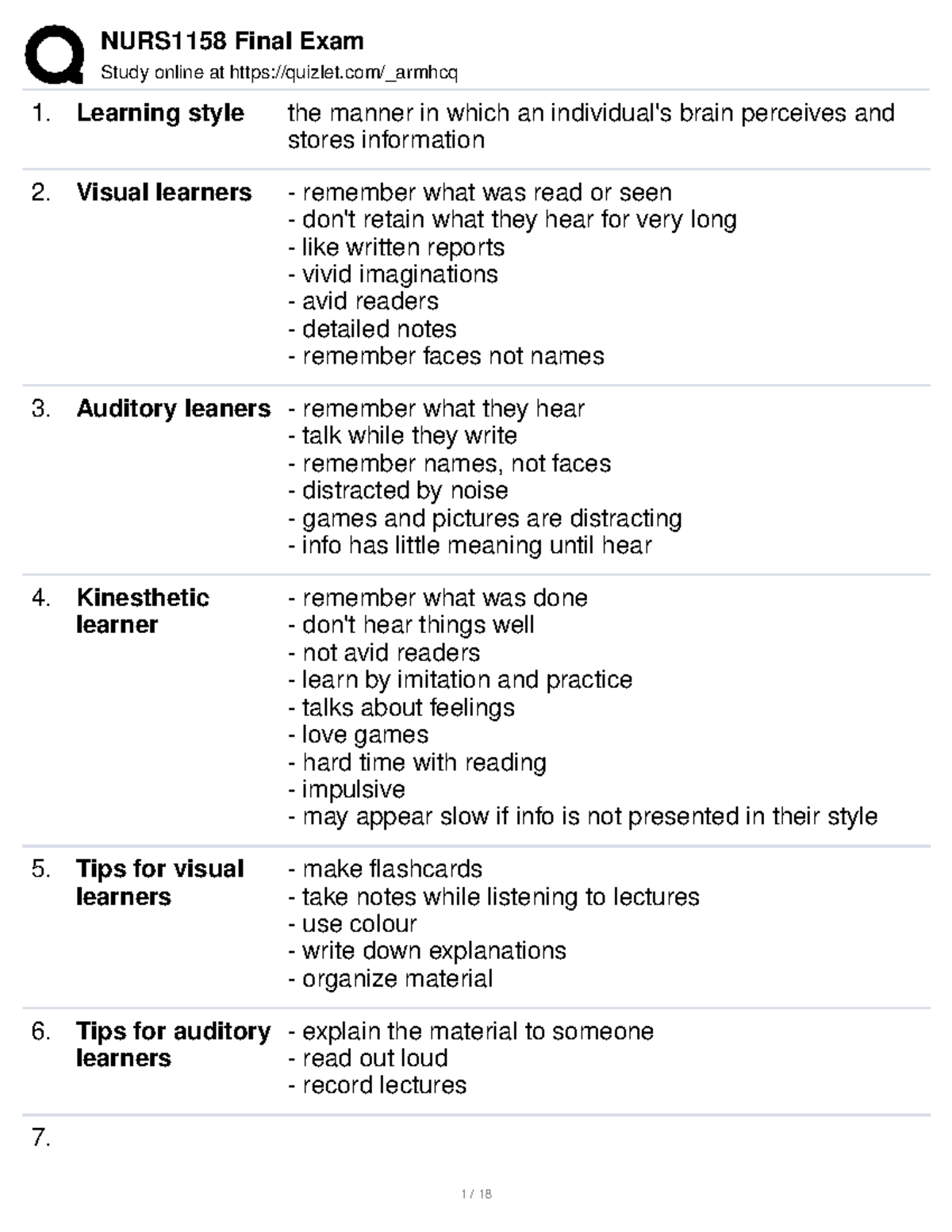 NURS1158 Final Exam Study Notes: Learning Styles & Ethical Principles ...