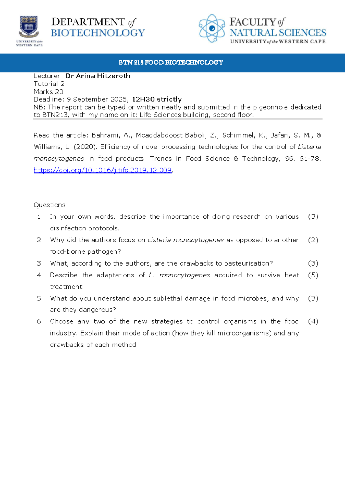 BTN 213 Food Biotechnology Tutorial 2 Questions and Guidelines - Studocu