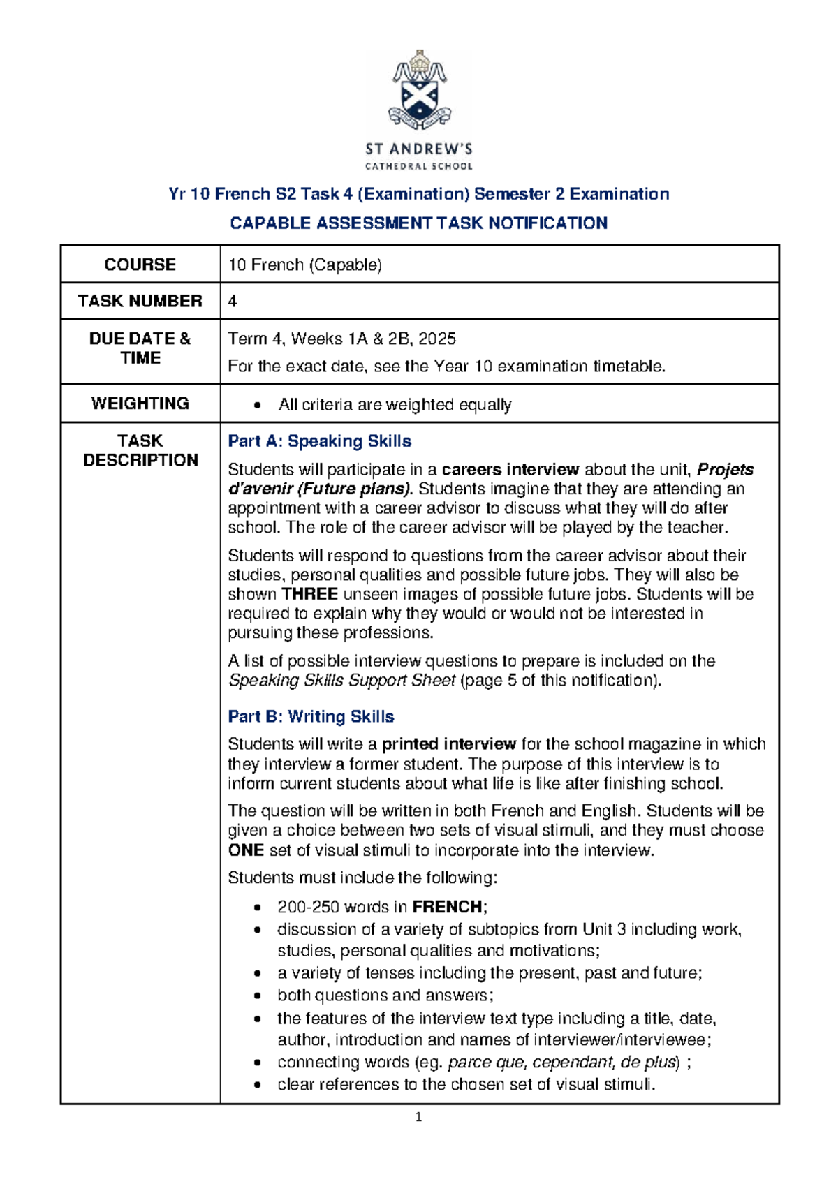 Yr 10 French S2 Task 4 (Examination) - Speaking & Writing Skills - Studocu