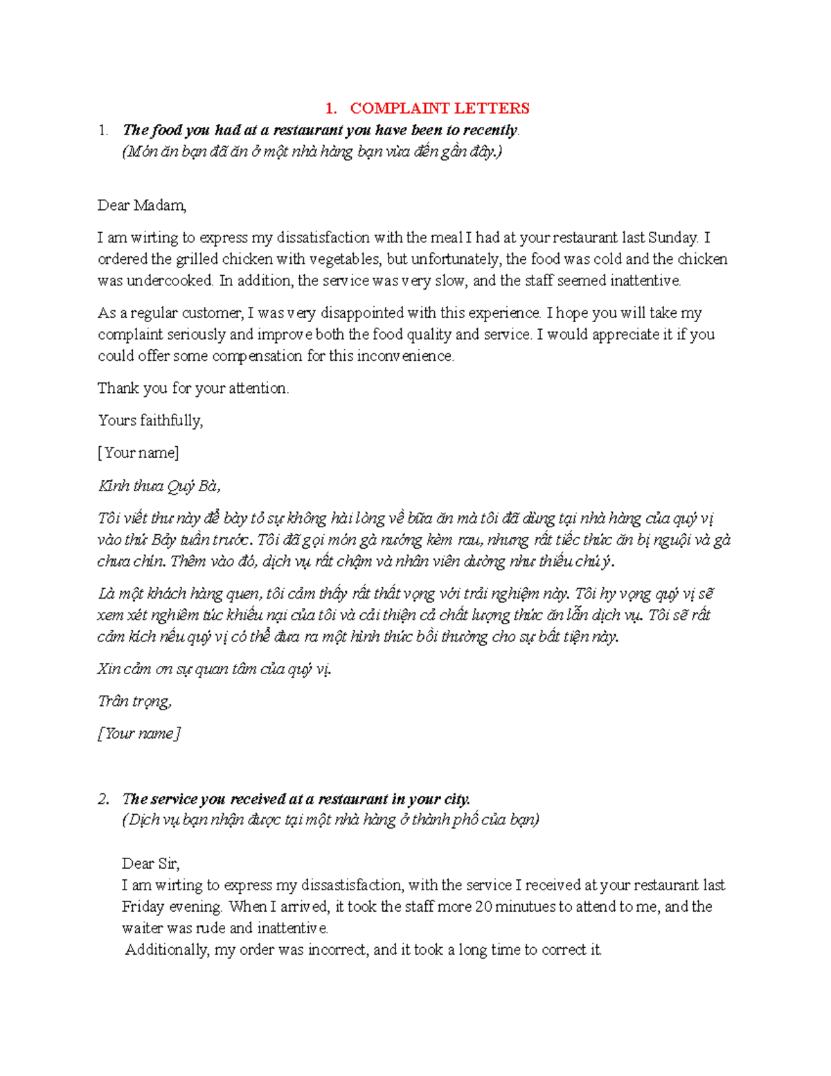 TIẾNG ANH 2 - Writing: Complaint and Information Request Letters - Studocu