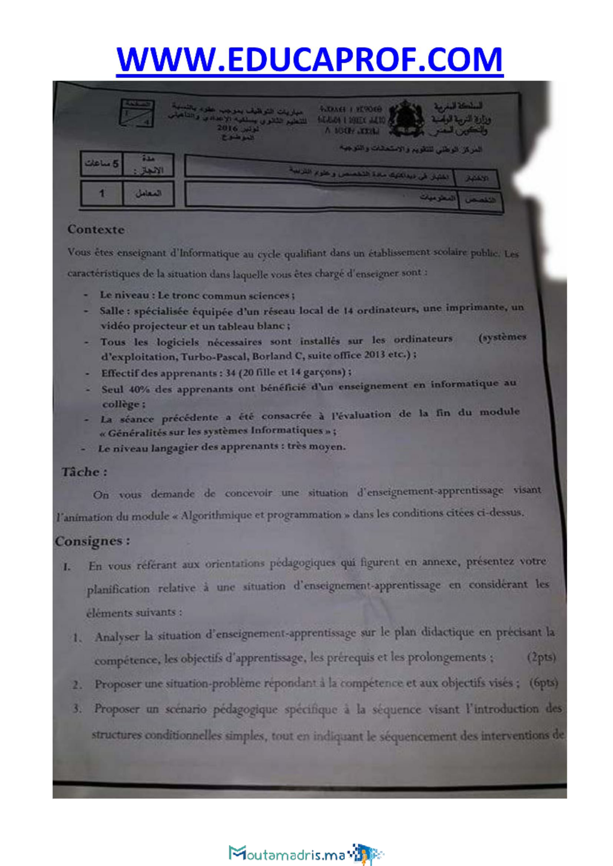 Examens Taalim Info 2016: Planification Pédagogique en Algorithmique ...