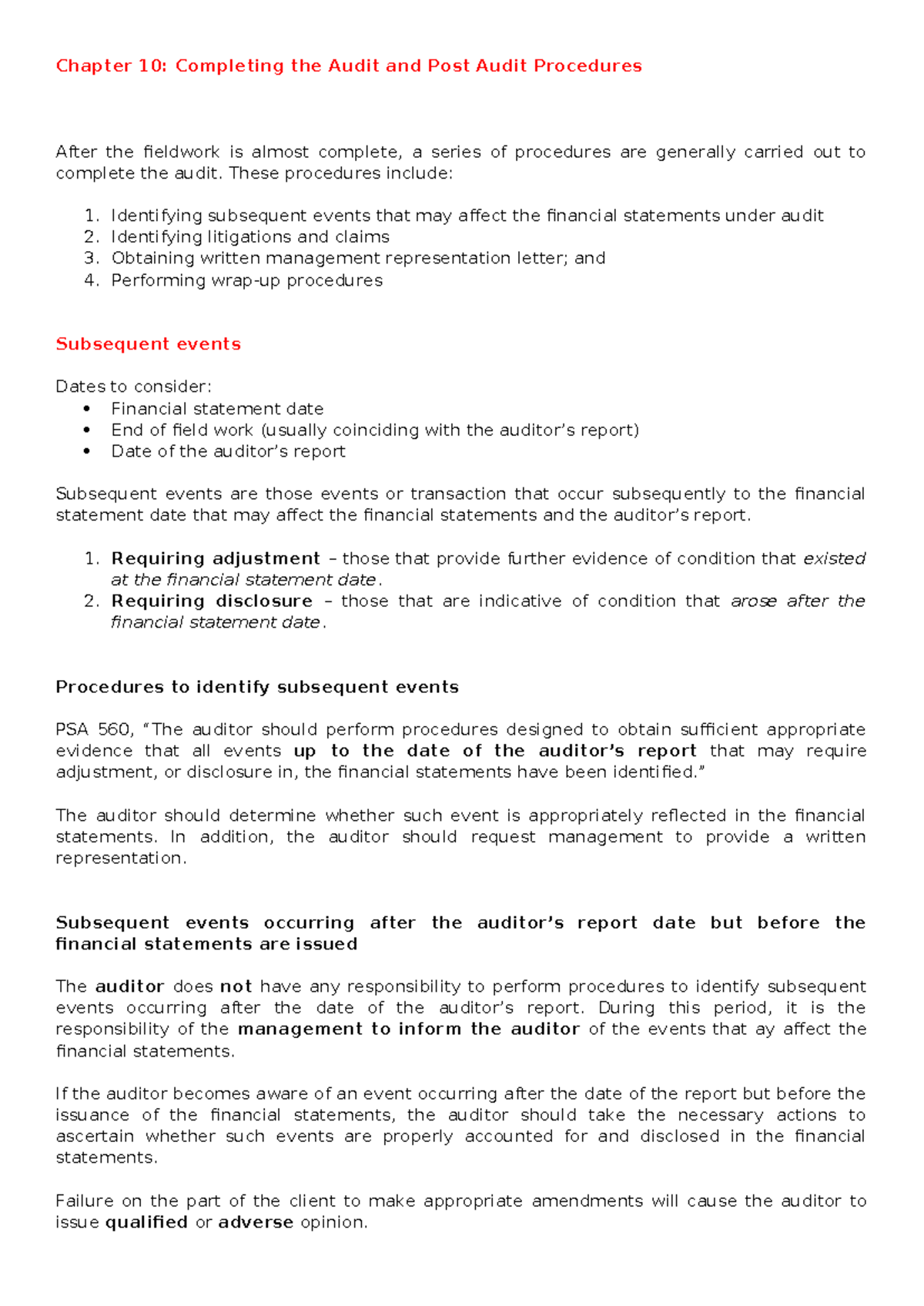 Auditing Lecture Notes: Chapter 10 - Completing the Audit Procedures ...