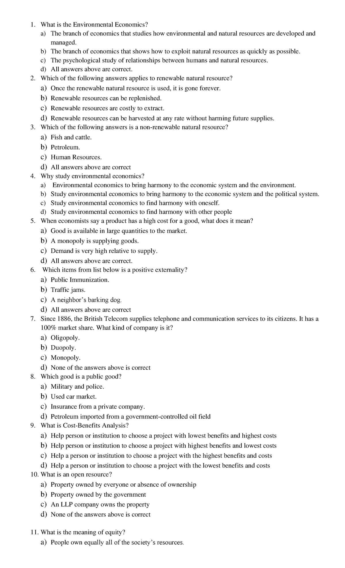 ECON 600: Multiple-Choice Questions on Environmental Economics - Studocu