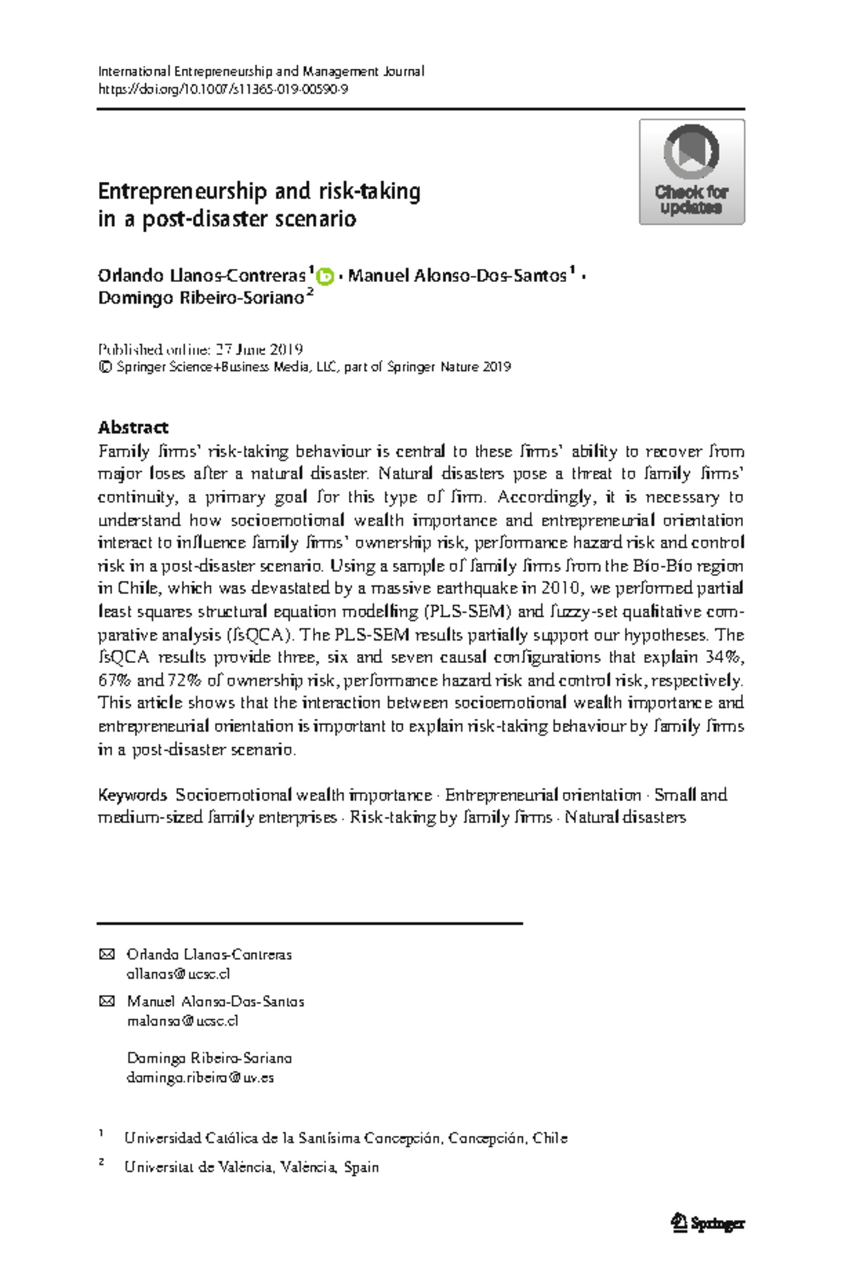 Entrepreneurship in Family Firms Post-Disaster: Insights from Chile ...