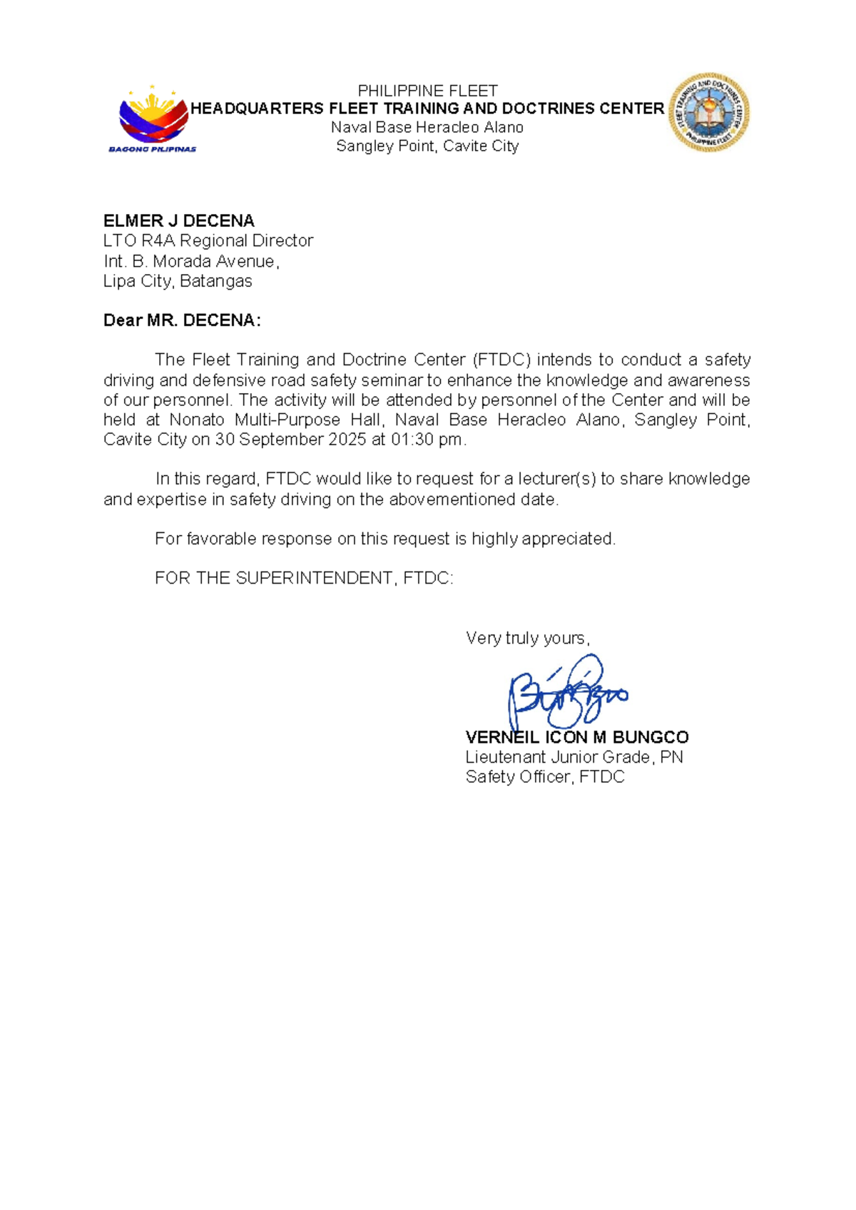 Letter Request to LTO R4A for Safety Driving Seminar - Studocu