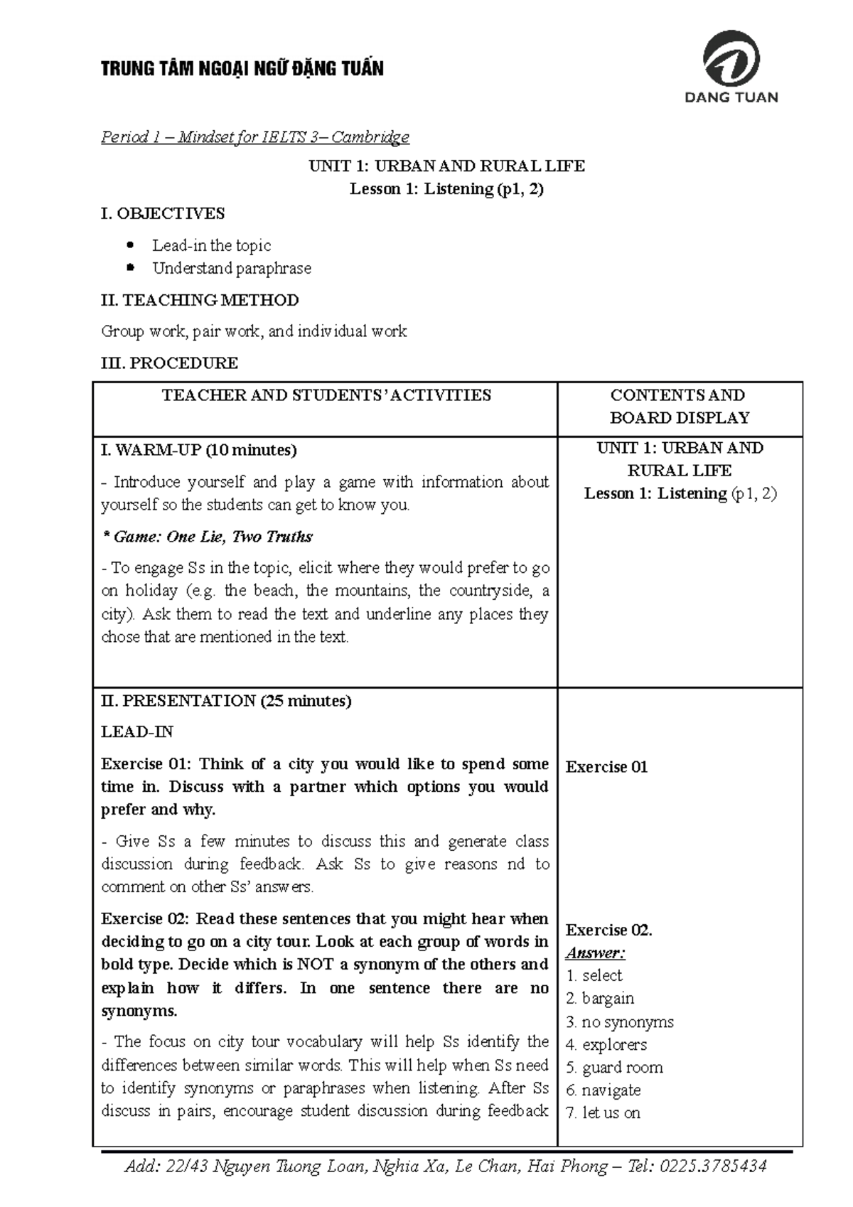 Lesson Plan: Mindset for IELTS (Unit 1, Lesson 1 - Listening) - Studocu