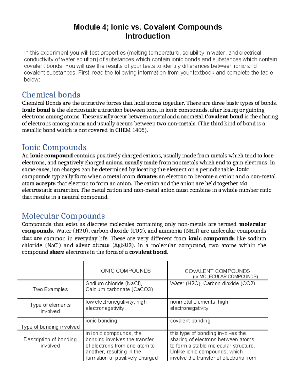 Module 4 Ionic vs. Covalent - Module 4; Ionic vs. Covalent Compounds ...