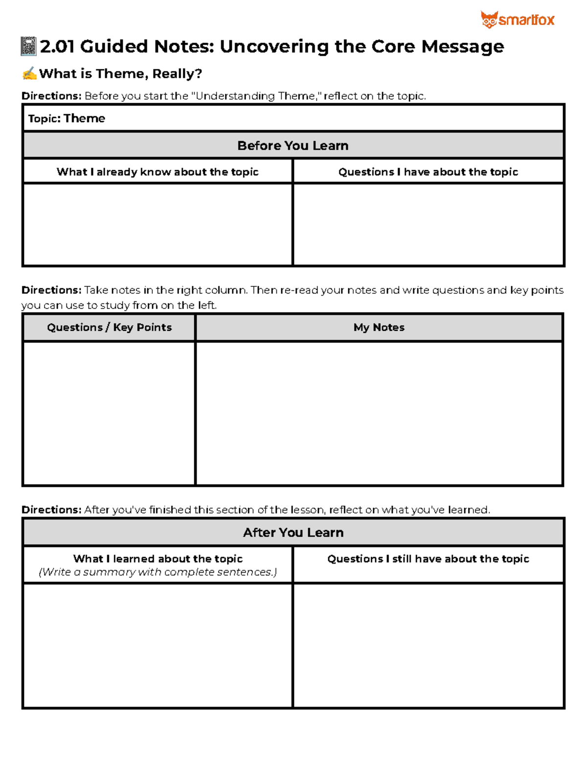 ELA 10A 2.01 Guided Notes: Analyzing Themes in Literature - Studocu