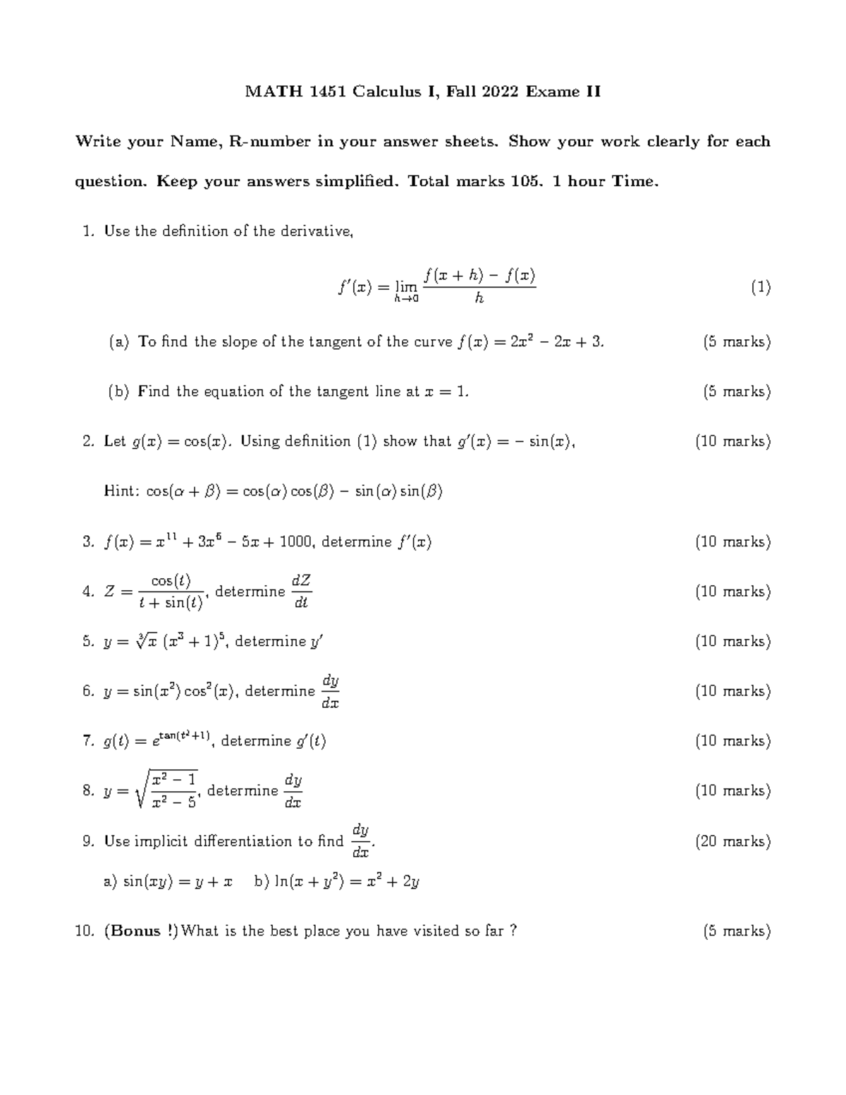 MATH 1451 EXAM-2 - MATH 1451 CALC -1 EXAM 2 - MATH 1451 Calculus I ...