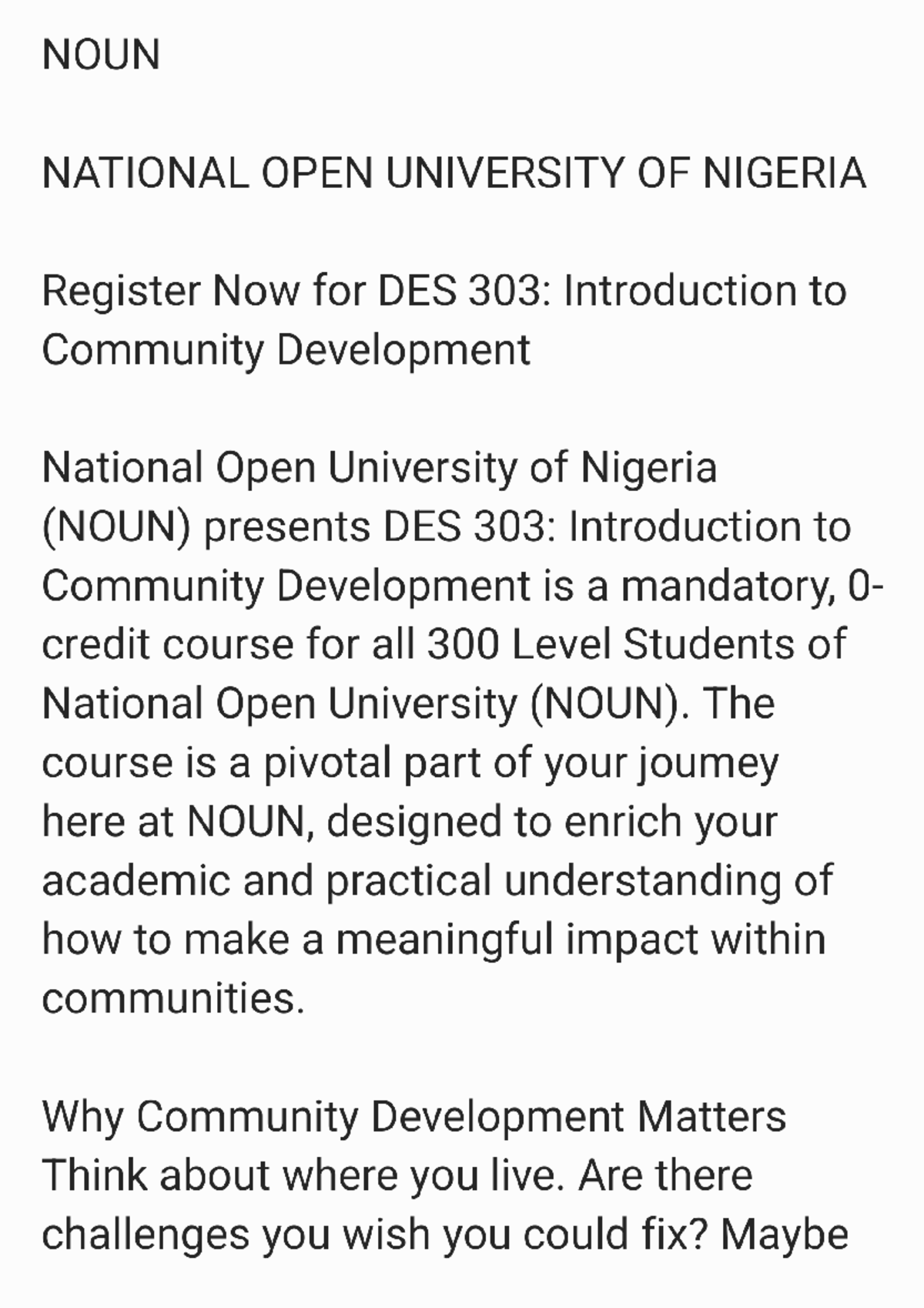 DES 303: Intro to Community Development - Enroll Now at NOUN! - Studocu